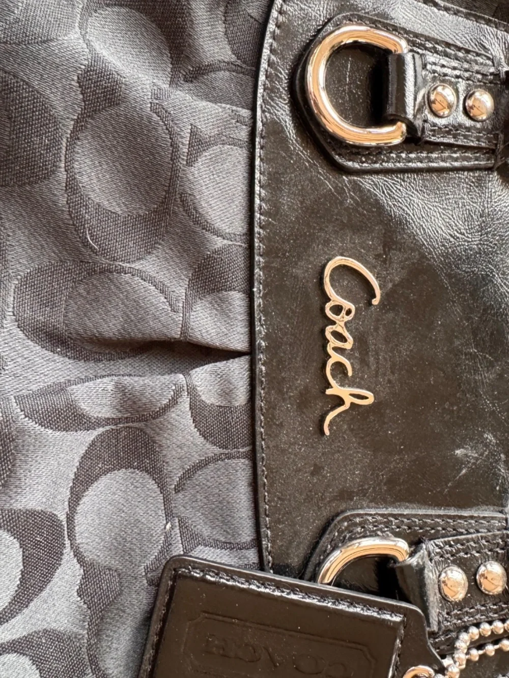 Coach | Bags | Coach F5443 Black Signature Jacquard Patent Leather ...